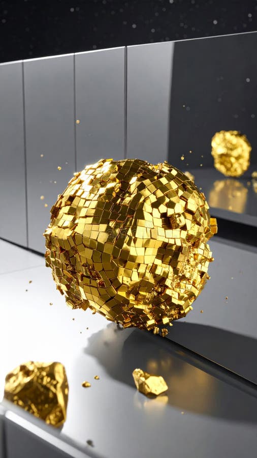 Golden Pixelated Sphere Abstract Three Dimensional Art on Gray Metallic ...