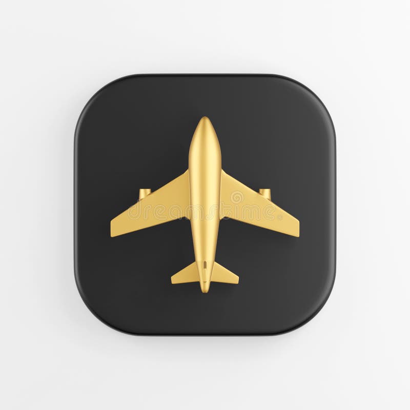Golden Plane Icon. 3d Rendering Black Square Key Button, Interface Ui ...