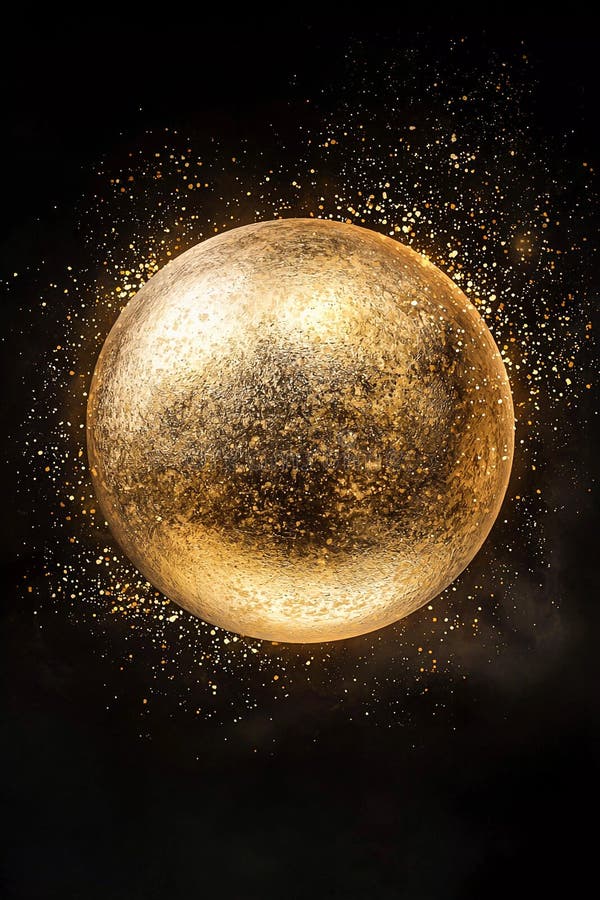 Golden Planet on a Black Background with Dust Particles. Abstract ...