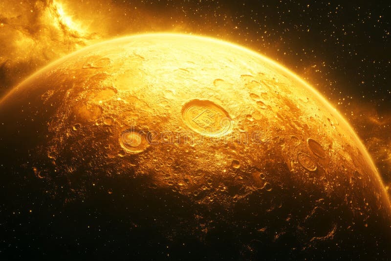 Golden Planet with Craters Shining in the Immensity of Space ...
