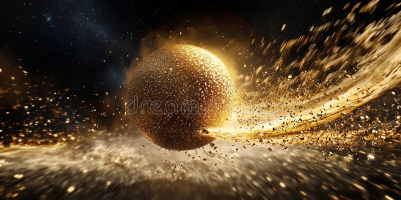 Golden Planet Exploding in Outer Space with Debris Creating a Trail of ...