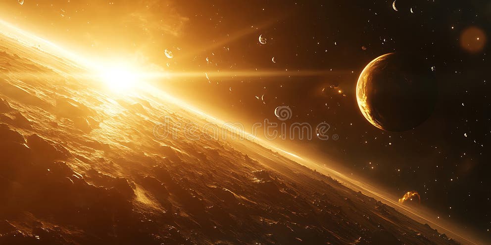 Golden Planet Sunrise Space Background Image Stock Illustration ...