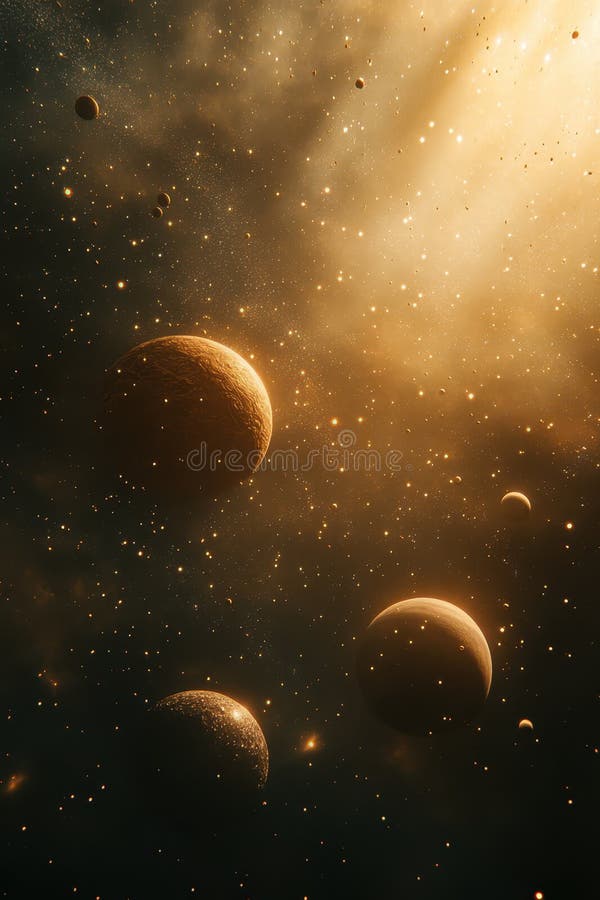 Golden Planets in a Starry Nebula Celestial Bodies Cosmic Dust Space ...