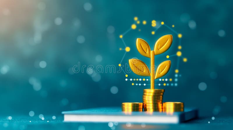 A Golden Plant Representing Growth and Prosperity Rises from a Stack of ...