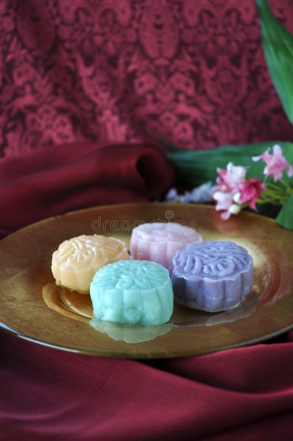 Golden Plate of Mooncake on Red Background Stock Image - Image of ...