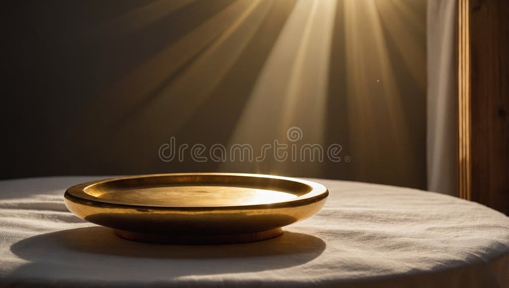 Golden Plate Reflecting Sunlight on a Table with Rays of Warm Light ...