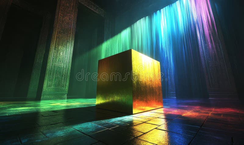 A Golden Platform, Beams of Light in Various Colors, and Textured Walls ...
