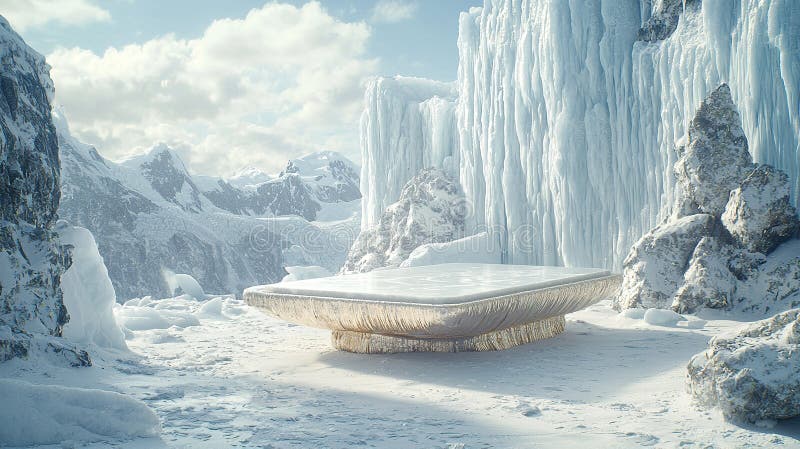 Golden Platform in Icy Mountain Landscape with Frozen Waterfall ...