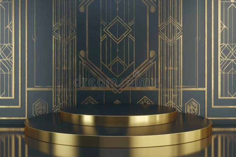A Golden Platform Sits in Front of a Dark Blue and Gold Art Deco ...