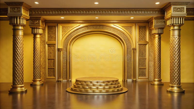 A Golden Platform Stands in a Grand, Ornate Room with Arches and ...