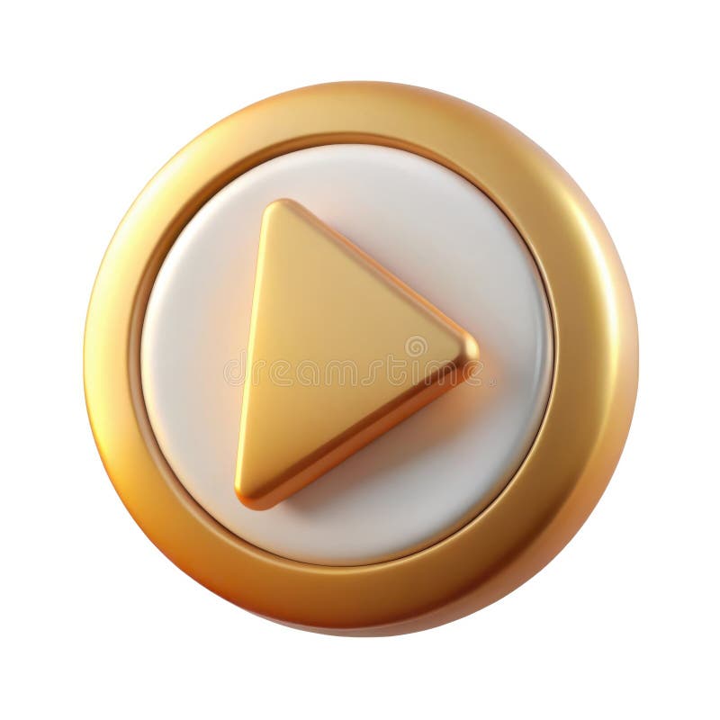Golden Play Button Icon with White Circle and Metallic Border Isolated ...