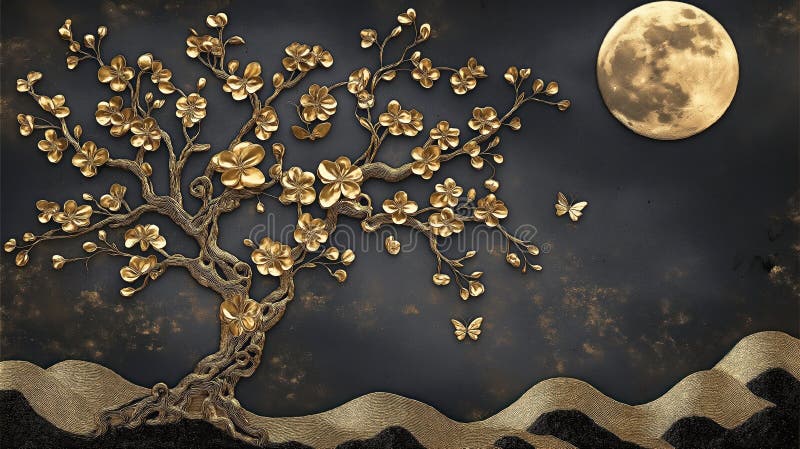 Golden Plum Blossoms Decorate an Ancient Tree Under a Full Moon. the ...