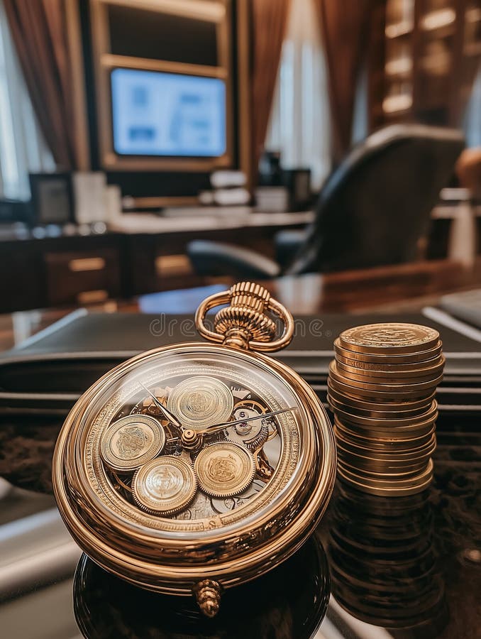 Golden Pocket Watch and Wealth Stack Stock Illustration - Illustration ...