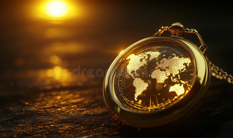 Golden Pocket Watch with World Map Design Reflecting Light and Elegance ...
