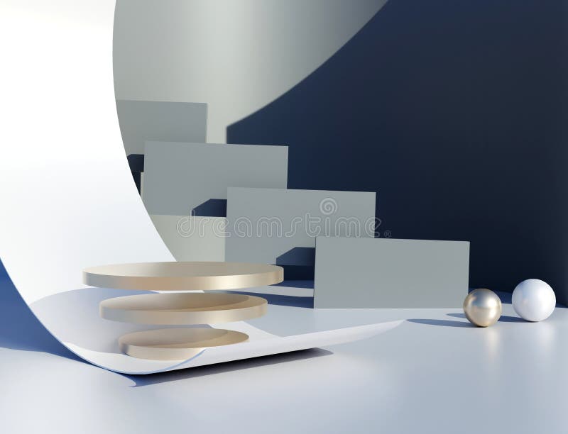 3d Golden Podium With Abstract Art Objects Stand To Show Products Stock Illustration