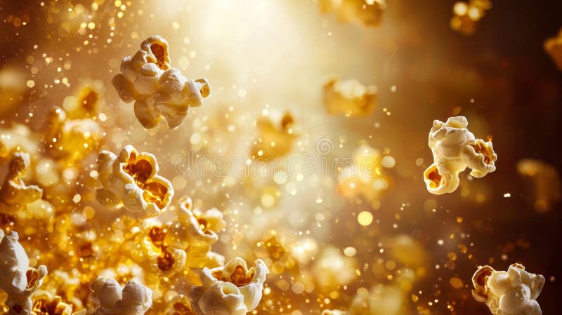 Golden Popcorn Kernels Suspended in Mid-air with Sparkles Stock Photo ...
