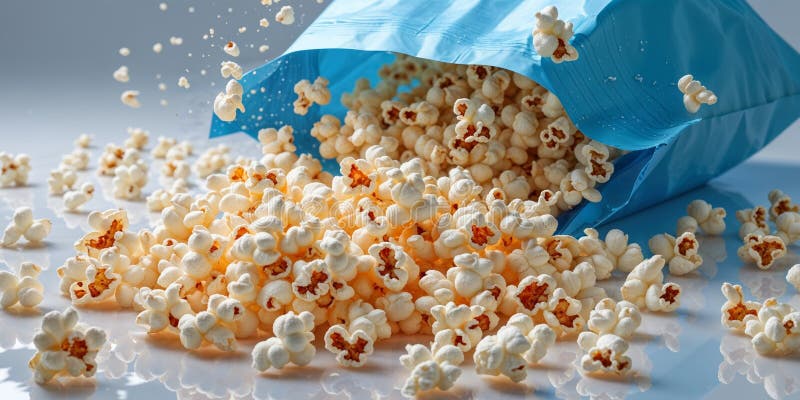 Golden Popcorn Spills from a Blue Bag Onto a White Surface Stock Image ...