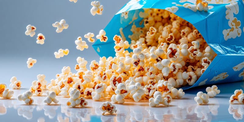 Golden Popcorn Spills from a Blue Bag Onto a White Surface. Stock Photo ...