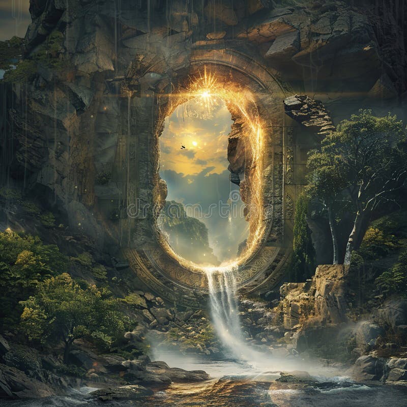 Golden Portal in Mystical Rock Landscape with Waterfall Stock Photo ...