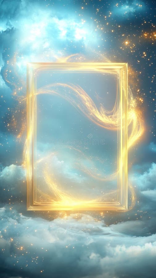 Golden Portal Opening in a Starry Sky with Clouds and Bright Light ...