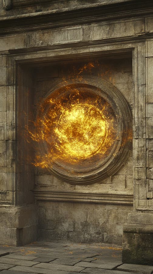 Golden Portal in Stone Wall with Circular Design Glowing with Bright ...