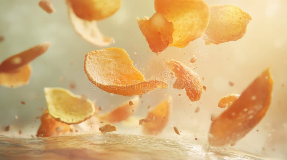 Golden Potato Chips Falling Against a Sunlit Background Stock ...