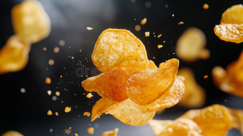 Golden Potato Chips Falling on Black Background Stock Illustration ...