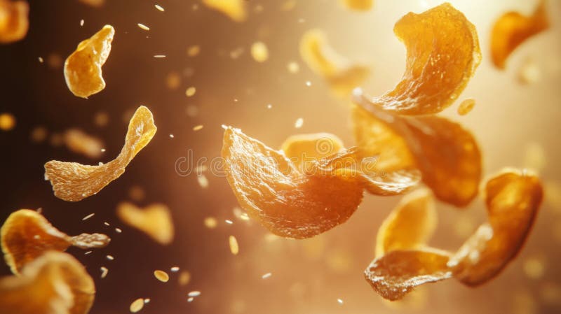 Golden Potato Chips Falling on Dark Background Stock Illustration ...