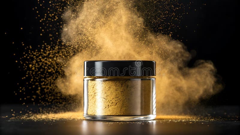 Golden Powder Explodes from a Glass Container Against a Dark Background ...