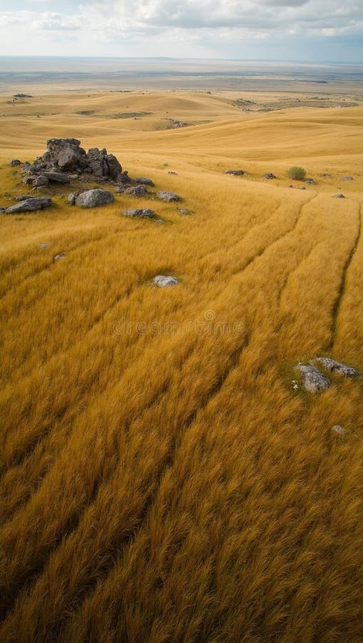 Golden Prairie Landscape with Rolling Grass Waves and Rocky Outcrops ...