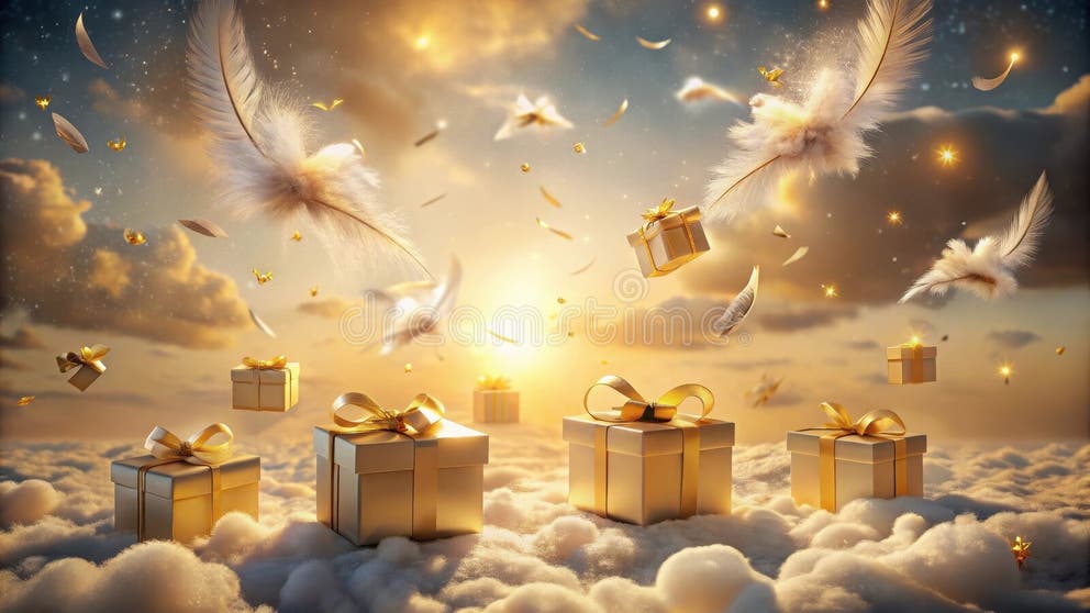 Golden Presents Floating on Clouds with Falling Feathers and Confetti ...