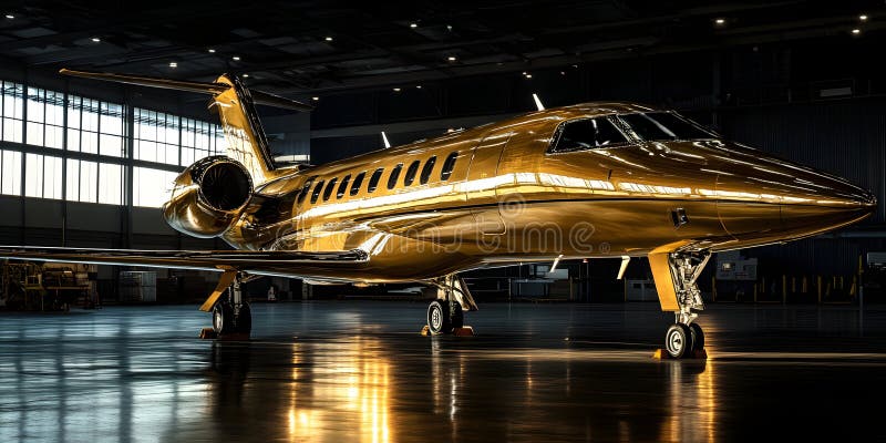 Golden Private Jet in Hangar: Luxury Aircraft Stock Illustration ...
