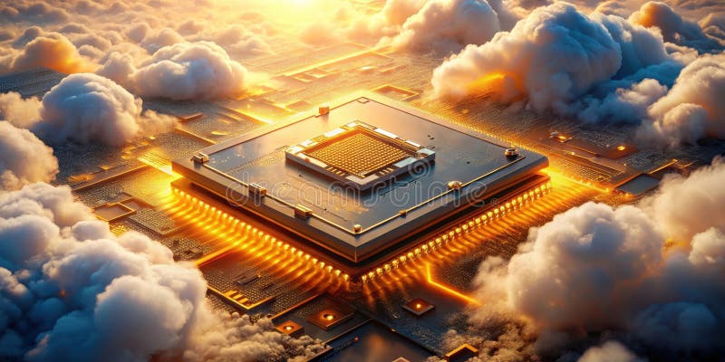 Golden Processor in a Sea of Clouds a Futuristic Vision of Advanced ...