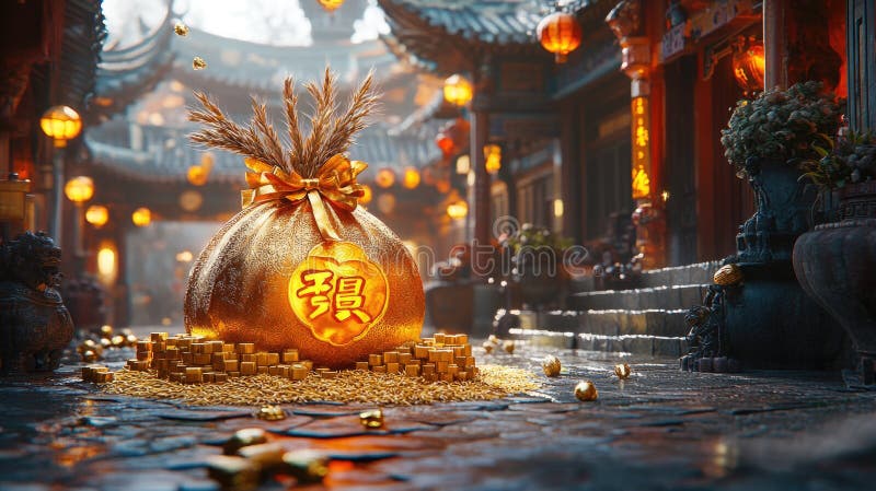 Golden Prosperity Sack in Traditional Asian Street Setting with ...