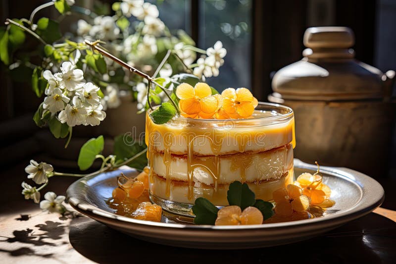Golden Pudding with Caramel, Fruits and Mint on Rustic Scene ...
