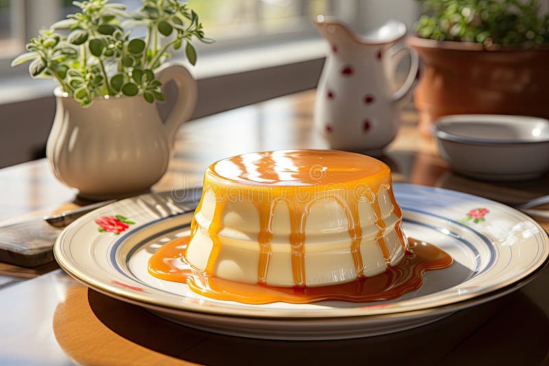 Golden Pudding with Caramel, Fruits and Mint on Rustic Scene ...