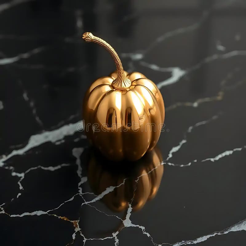 A Golden Pumpkin on a Black Surface with a Shiny Reflection Stock ...