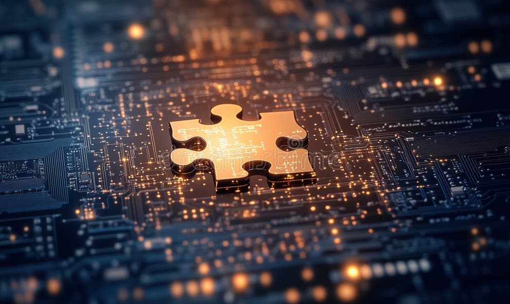 Golden Puzzle Piece on Circuit Board, Symbolizes Technology Integration ...