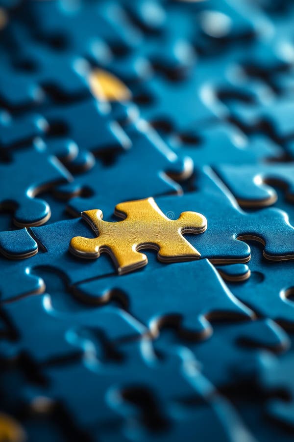 Golden Puzzle Piece Completing Blue Jigsaw Puzzle, Concept of Teamwork ...