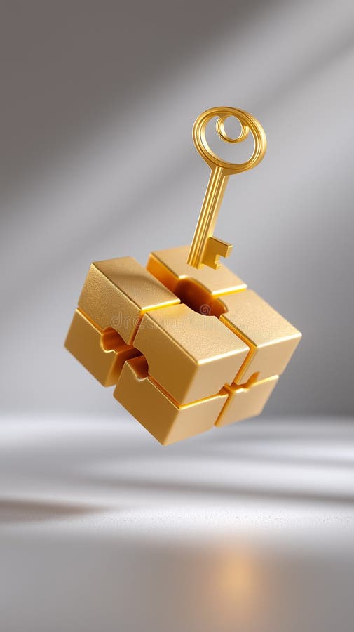 Golden Puzzle Piece with Unique Key Floats Above Clean Surface. Soft ...