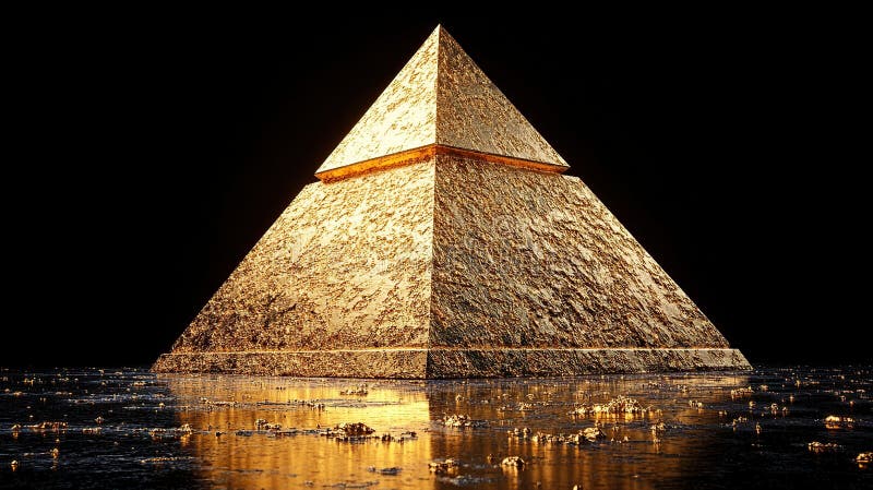 Golden Pyramid Reflecting, Dark Background, Success Concept, 3D Render ...