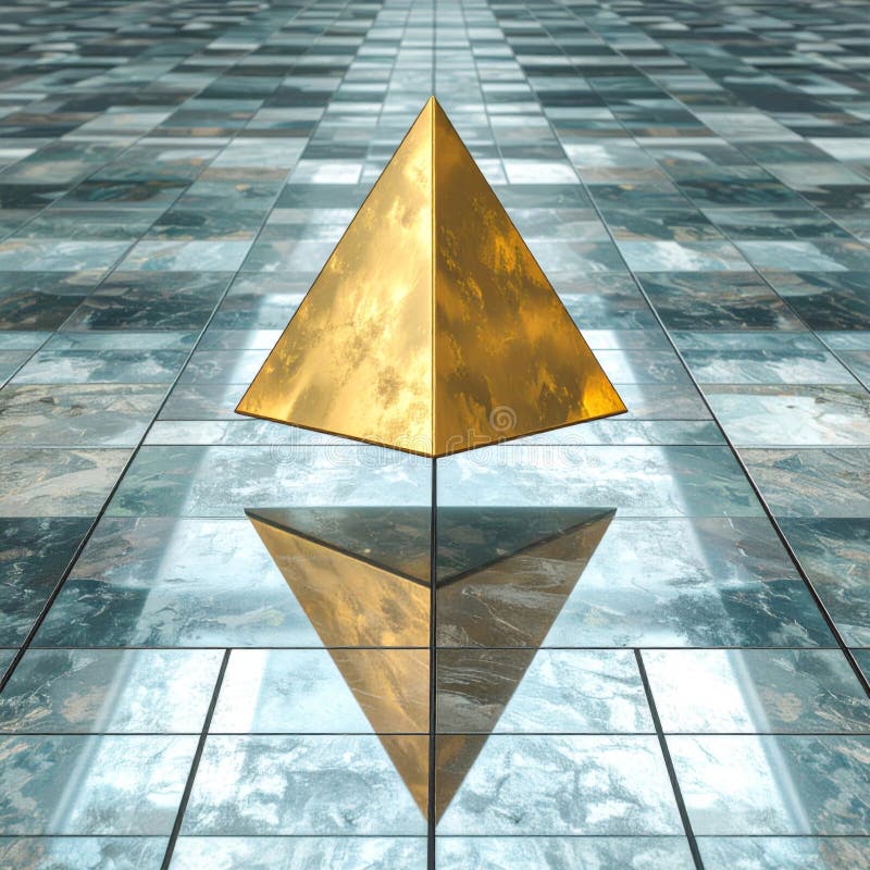 Golden Pyramid Reflecting on Tiled Surface Creates Abstract Geometric ...