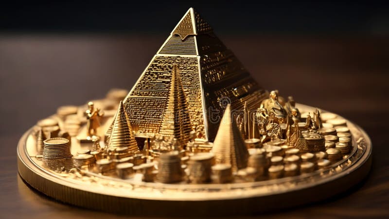 Golden Pyramid and Structures Surrounded by Coins on a Dark Surface ...