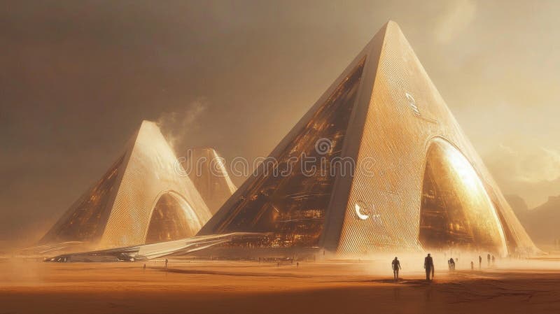 Golden Pyramids in a Desert Landscape Stock Illustration - Illustration ...