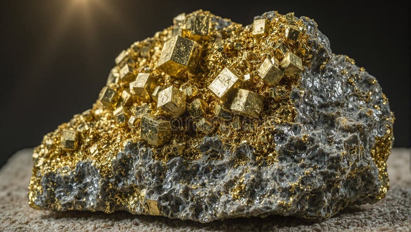 Golden Pyrite Mineral in Sunlight on Grey Rock Stock Illustration ...