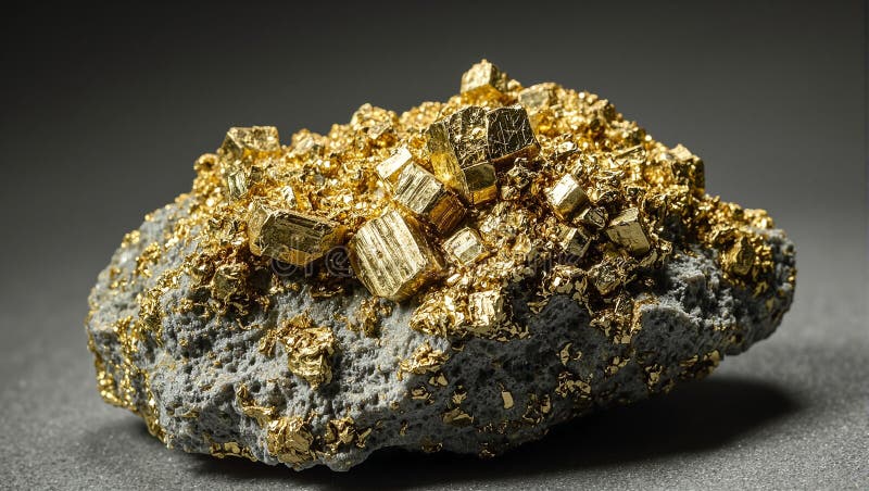 Golden Pyrite Mineral in Sunlight on Grey Rock Stock Illustration ...