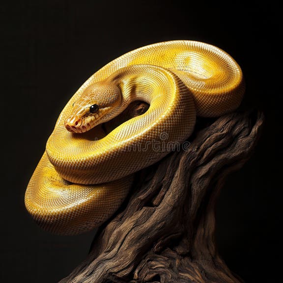 Golden Python Gracefully Coiled on Driftwood, Showcasing Its Luminous ...