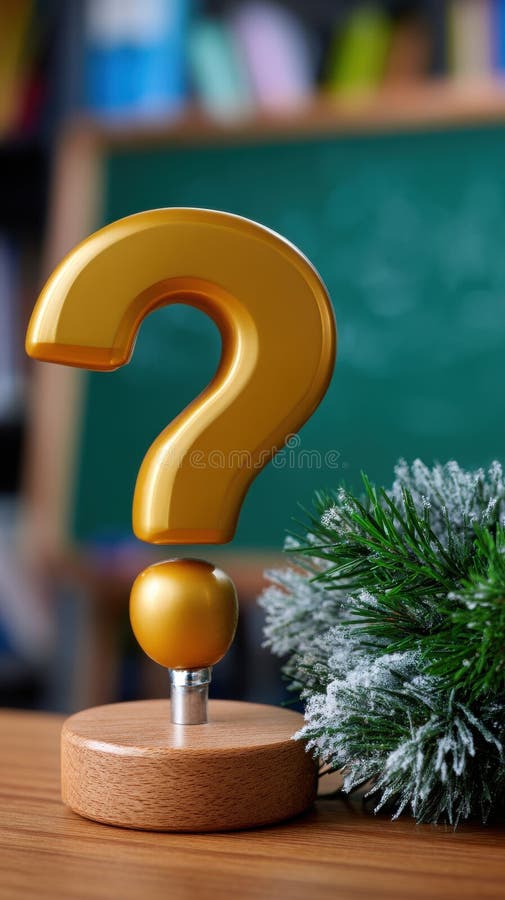 Golden Question Mark on Desk with Pine Needles Against a Blurred ...