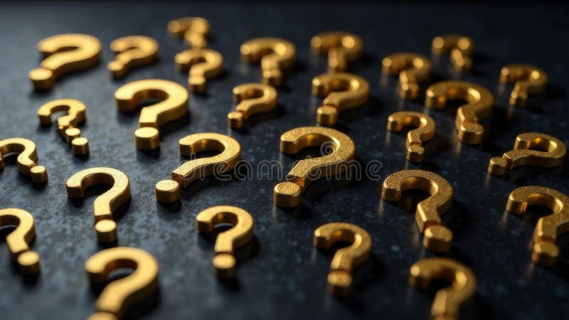 Golden Question Marks on a Dark Textured Surface in Abstract Form Stock ...