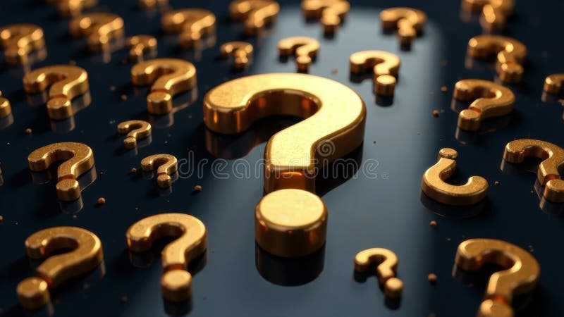 Golden Question Marks Scattered on a Dark Surface Creating a Thoughtful ...